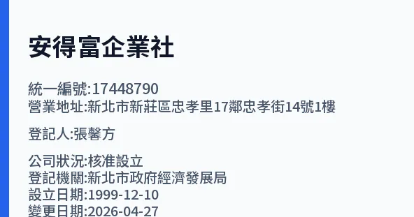 安得富企業社的照片-統編 17448790(新北市) 公司登記資料與營業項目詳細圖表