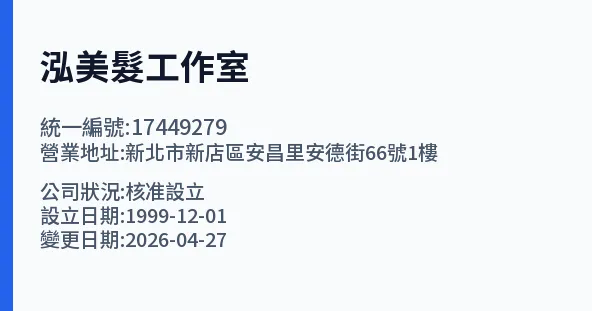 泓美髮工作室的照片-統編 17449279(新北市) 公司登記資料與營業項目詳細圖表