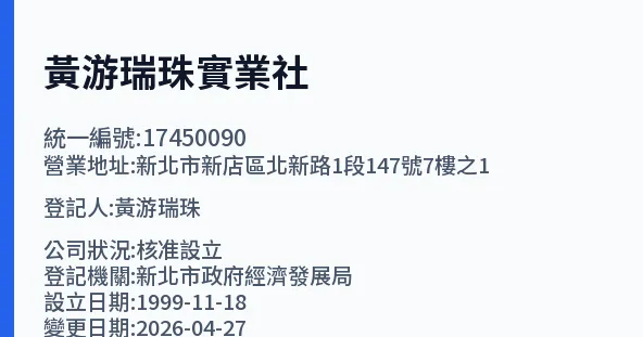黃游瑞珠實業社的照片-統編 17450090(新北市) 公司登記資料與營業項目詳細圖表