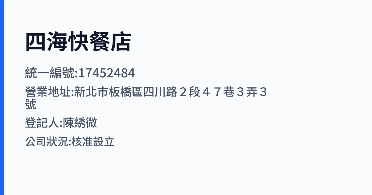 四海快餐店 - 統編 17452484(新北市) 公司登記資料與營業項目詳細圖表