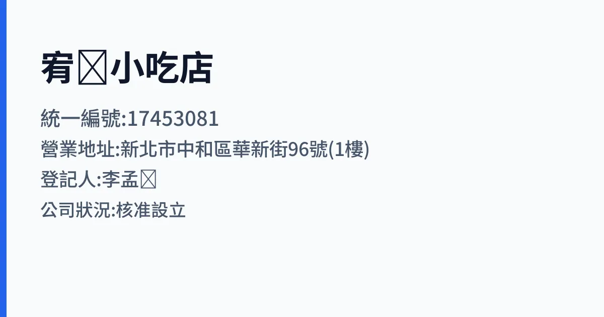 宥勲小吃店 - 統編 17453081(新北市) 公司登記資料與營業項目詳細圖表