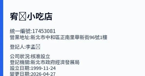 宥勲小吃店的照片-統編 17453081(新北市) 公司登記資料與營業項目詳細圖表