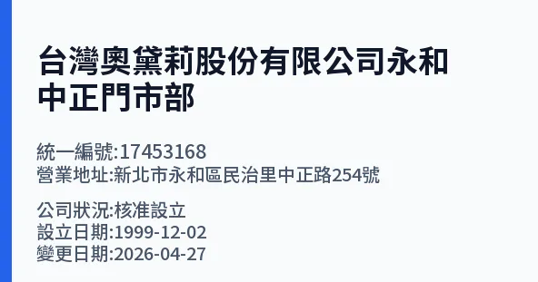 台灣奧黛莉股份有限公司永和中正門市部的照片-統編 17453168(新北市) 公司登記資料與營業項目詳細圖表