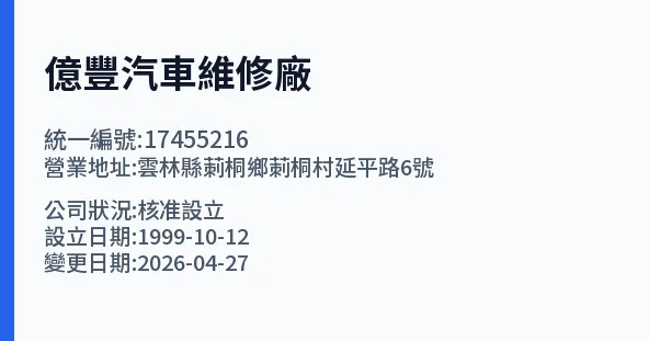 億豐汽車維修廠的照片-統編 17455216(雲林縣) 公司登記資料與營業項目詳細圖表