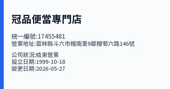 冠品便當專門店的照片-統編 17455481(雲林縣) 公司登記資料與營業項目詳細圖表