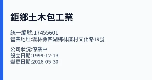 鉅鄉土木包工業的照片-統編 17455601(雲林縣) 公司登記資料與營業項目詳細圖表