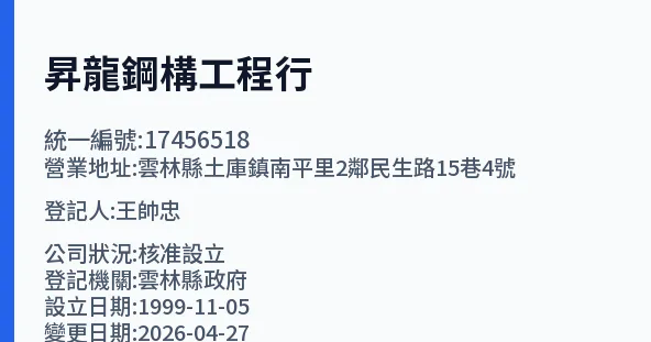 昇龍鋼構工程行的照片-統編 17456518(雲林縣) 公司登記資料與營業項目詳細圖表