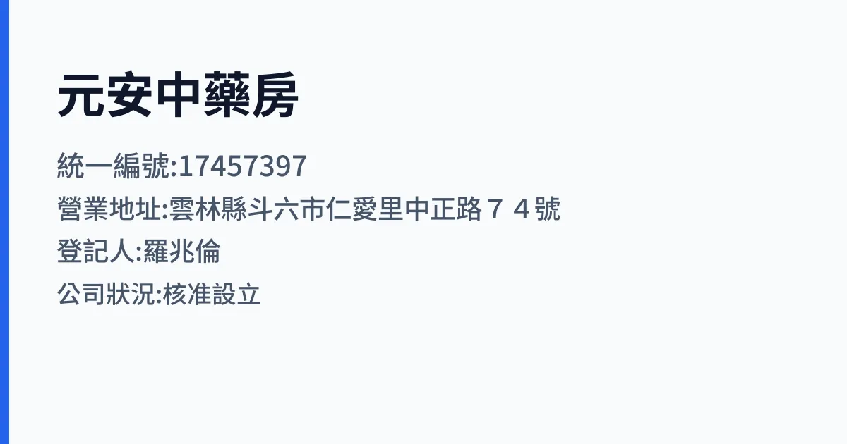 元安中藥房 - 統編 17457397(雲林縣) 公司登記資料與營業項目詳細圖表