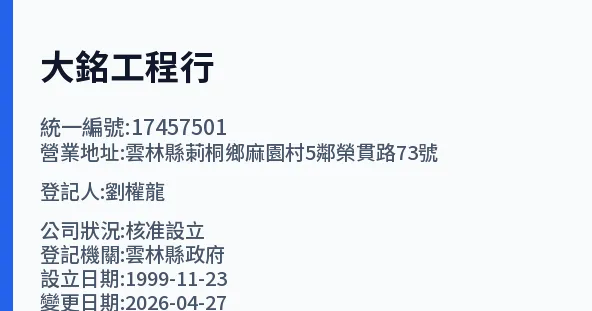大銘工程行的照片-統編 17457501(雲林縣) 公司登記資料與營業項目詳細圖表