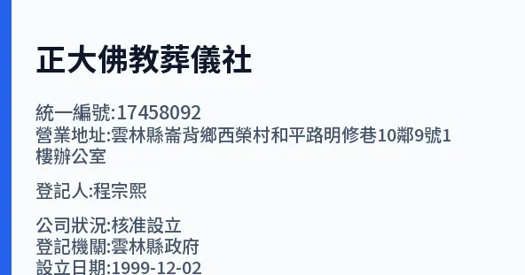 正大佛教葬儀社的照片-統編 17458092(雲林縣) 公司登記資料與營業項目詳細圖表
