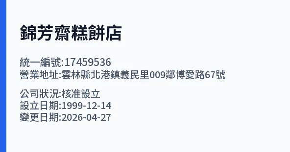 錦芳齋糕餅店的照片-統編 17459536(雲林縣) 公司登記資料與營業項目詳細圖表