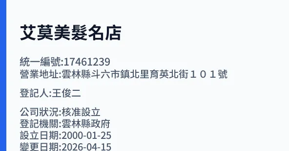 艾莫美髮名店的照片-統編 17461239(雲林縣) 公司登記資料與營業項目詳細圖表