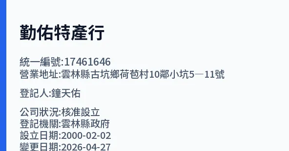 勤佑特產行的照片-統編 17461646(雲林縣) 公司登記資料與營業項目詳細圖表