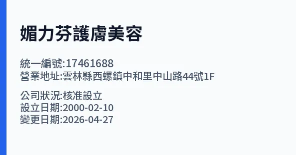 媚力芬護膚美容的照片-統編 17461688(雲林縣) 公司登記資料與營業項目詳細圖表