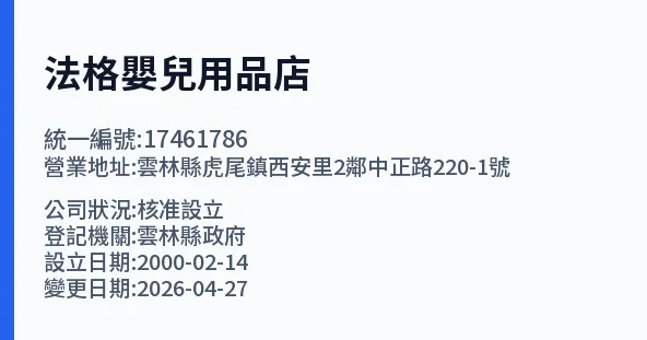 法格嬰兒用品店的照片-統編 17461786(雲林縣) 公司登記資料與營業項目詳細圖表