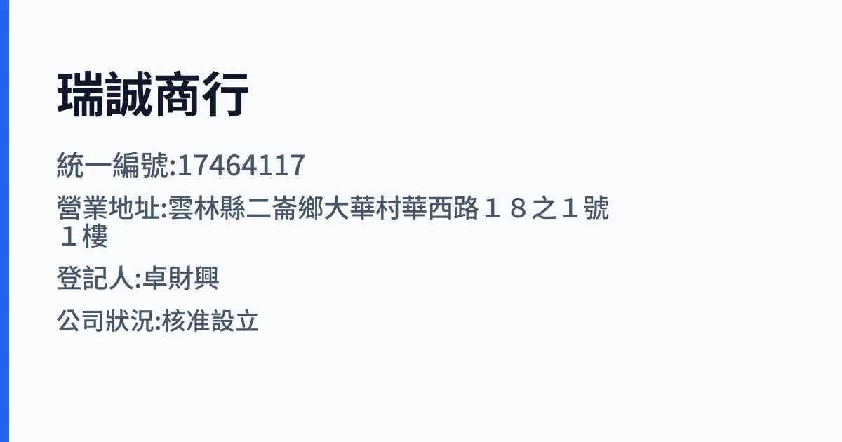 瑞誠商行 - 統編 17464117(雲林縣) 公司登記資料與營業項目詳細圖表
