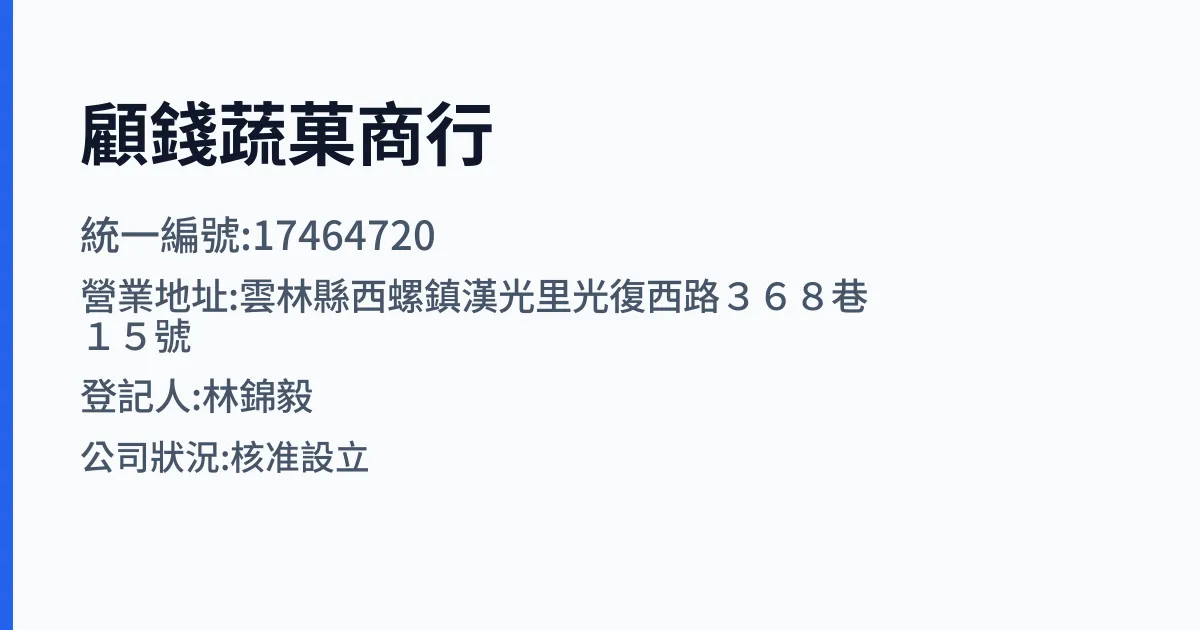 顧錢蔬菓商行 - 統編 17464720(雲林縣) 公司登記資料與營業項目詳細圖表