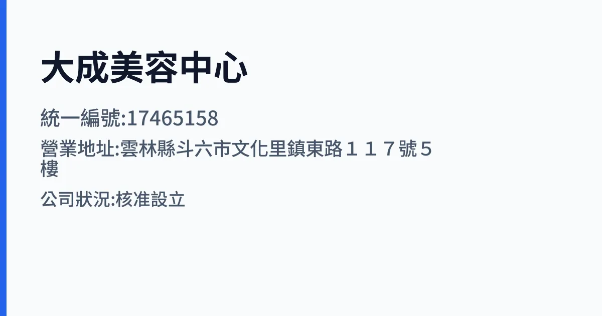 大成美容中心 - 統編 17465158(雲林縣) 公司登記資料與營業項目詳細圖表