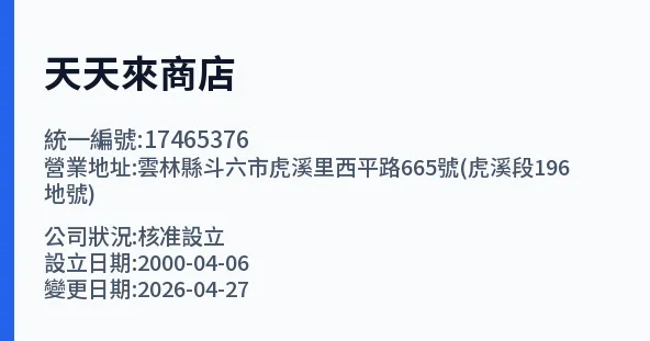天天來商店的照片-統編 17465376(雲林縣) 公司登記資料與營業項目詳細圖表