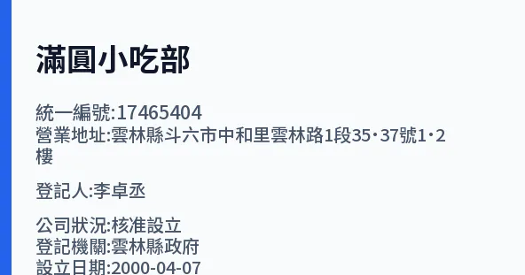 滿圓小吃部的照片-統編 17465404(雲林縣) 公司登記資料與營業項目詳細圖表