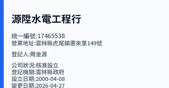 源陞水電工程行的照片-統編 17465538(雲林縣) 公司登記資料與營業項目詳細圖表