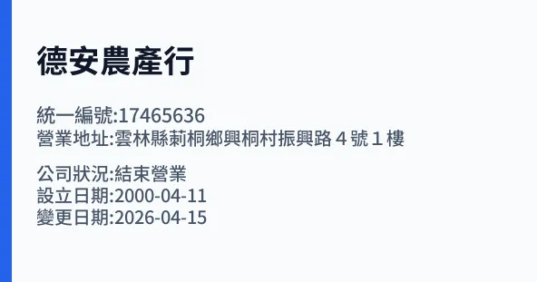 德安農產行的照片-統編 17465636(雲林縣) 公司登記資料與營業項目詳細圖表