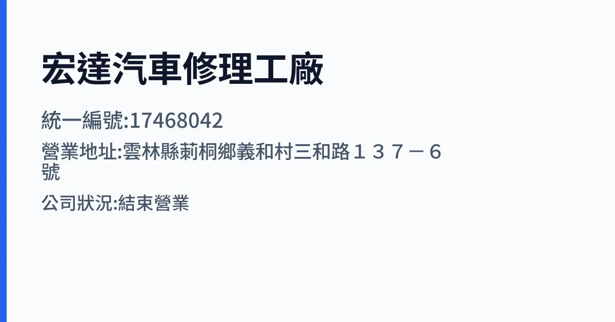 宏達汽車修理工廠 - 統編 17468042(雲林縣) 公司登記資料與營業項目詳細圖表