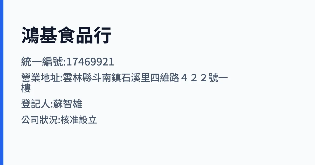 鴻基食品行 - 統編 17469921(雲林縣) 公司登記資料與營業項目詳細圖表