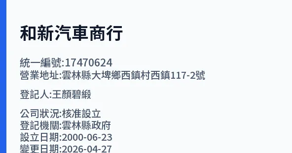和新汽車商行的照片-統編 17470624(雲林縣) 公司登記資料與營業項目詳細圖表