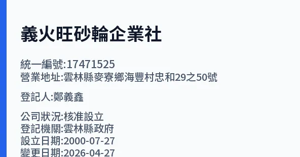 義火旺砂輪企業社的照片-統編 17471525(雲林縣) 公司登記資料與營業項目詳細圖表