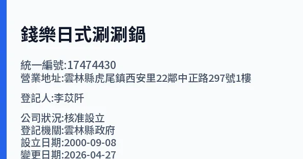 錢樂日式涮涮鍋的照片-統編 17474430(雲林縣) 公司登記資料與營業項目詳細圖表