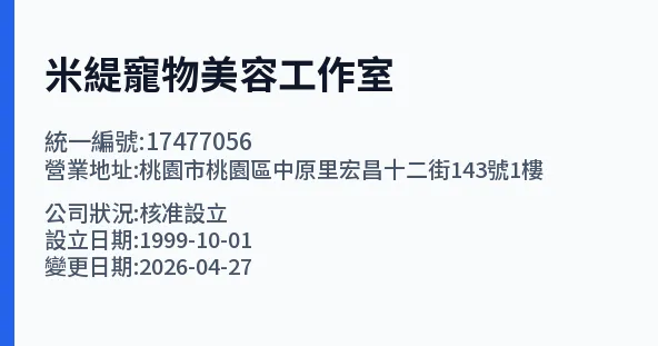 米緹寵物美容工作室的照片-統編 17477056(桃園市) 公司登記資料與營業項目詳細圖表