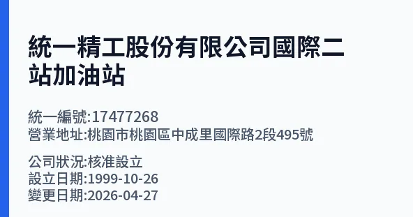 統一精工股份有限公司國際二站加油站的照片-統編 17477268(桃園市) 公司登記資料與營業項目詳細圖表