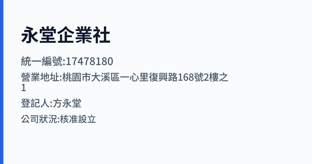 永堂企業社 - 統編 17478180(桃園市) 公司登記資料與營業項目詳細圖表
