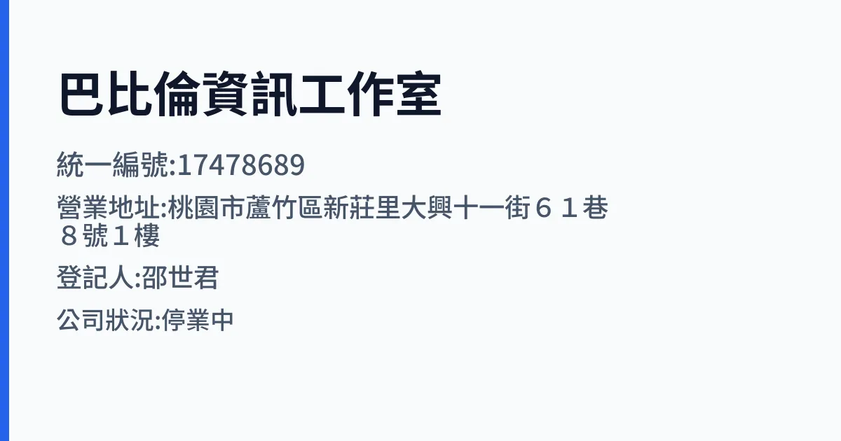 巴比倫資訊工作室 - 統編 17478689(桃園市) 公司登記資料與營業項目詳細圖表