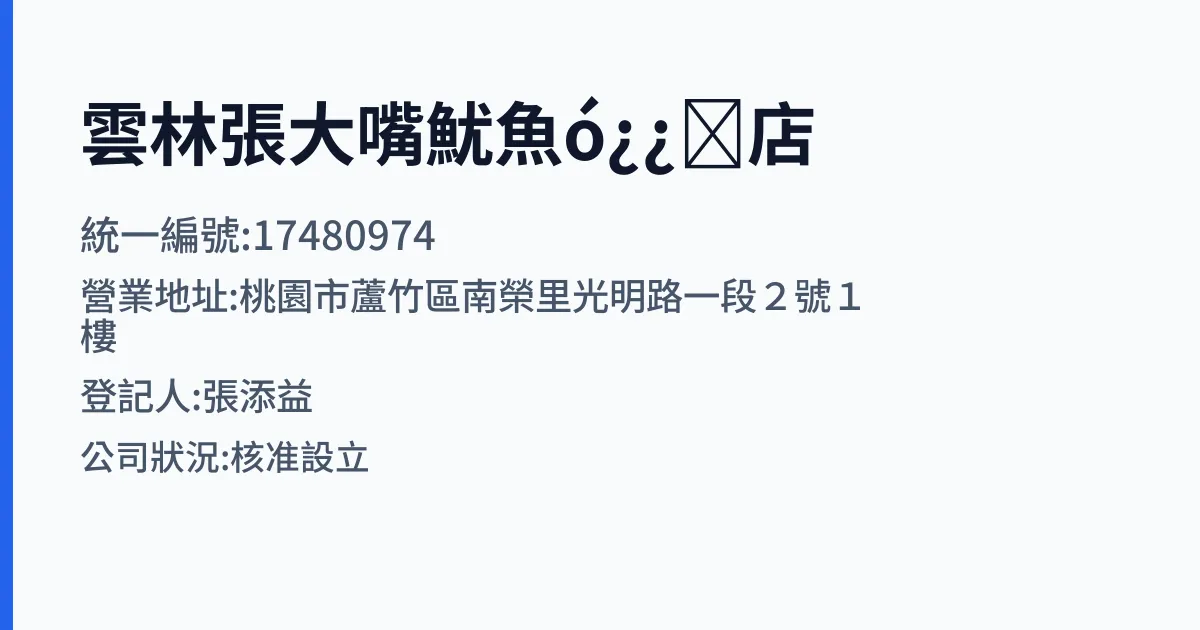 雲林張大嘴魷魚󿿆店 - 統編 17480974(桃園市) 公司登記資料與營業項目詳細圖表