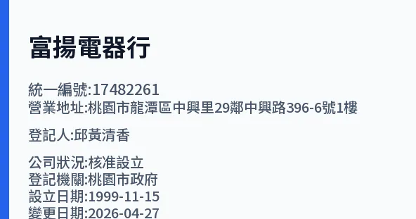 富揚電器行的照片-統編 17482261(桃園市) 公司登記資料與營業項目詳細圖表