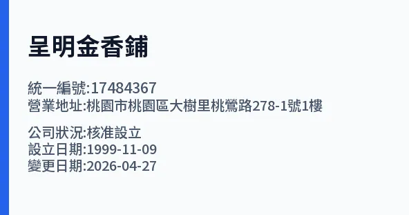 呈明金香鋪的照片-統編 17484367(桃園市) 公司登記資料與營業項目詳細圖表