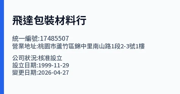 飛達包裝材料行的照片-統編 17485507(桃園市) 公司登記資料與營業項目詳細圖表