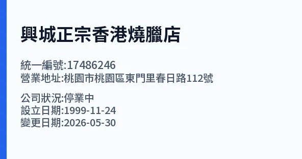 興城正宗香港燒臘店的照片-統編 17486246(桃園市) 公司登記資料與營業項目詳細圖表
