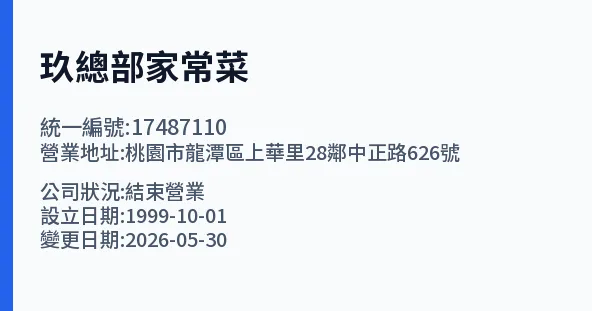 玖總部家常菜的照片-統編 17487110(桃園市) 公司登記資料與營業項目詳細圖表