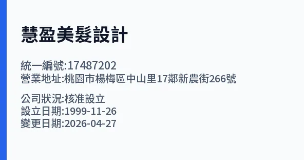 慧盈美髮設計的照片-統編 17487202(桃園市) 公司登記資料與營業項目詳細圖表