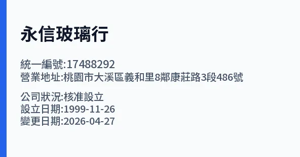 永信玻璃行的照片-統編 17488292(桃園市) 公司登記資料與營業項目詳細圖表