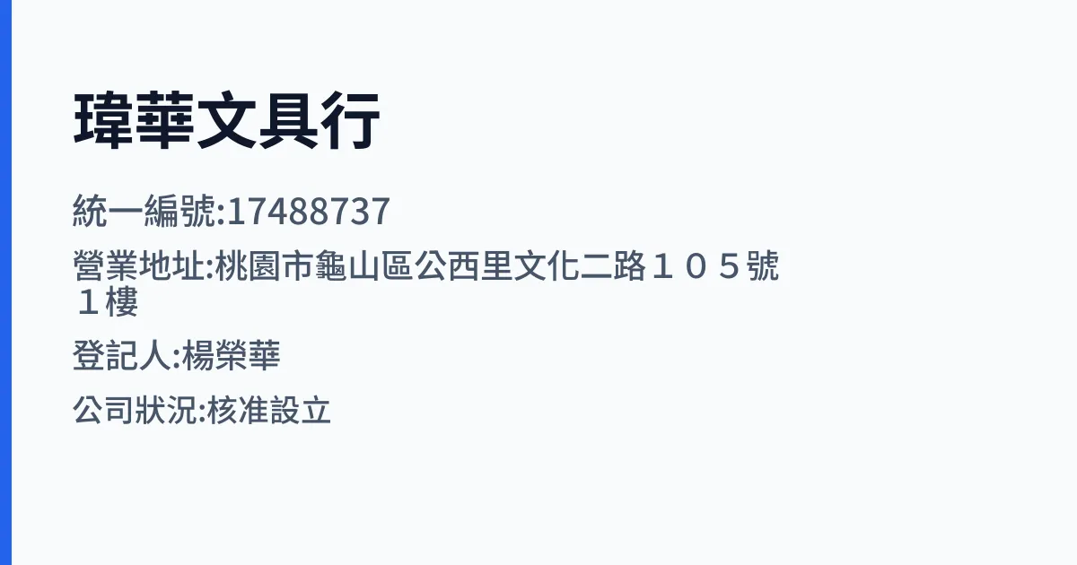 瑋華文具行 - 統編 17488737(桃園市) 公司登記資料與營業項目詳細圖表