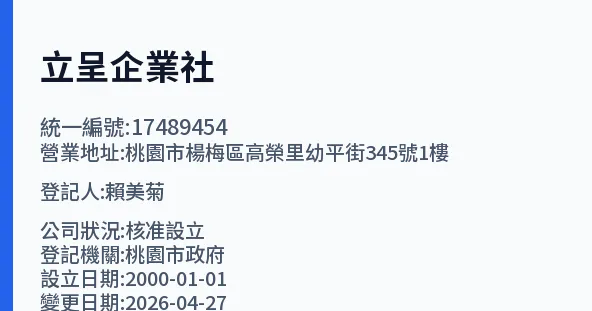 立呈企業社的照片-統編 17489454(桃園市) 公司登記資料與營業項目詳細圖表