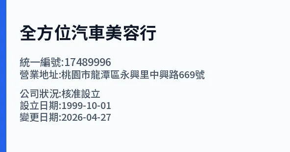 全方位汽車美容行的照片-統編 17489996(桃園市) 公司登記資料與營業項目詳細圖表