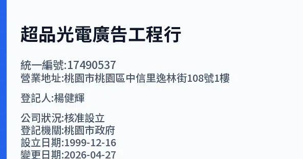 超品光電廣告工程行的照片-統編 17490537(桃園市) 公司登記資料與營業項目詳細圖表