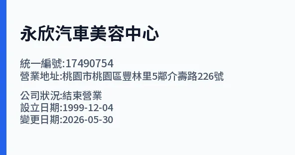 永欣汽車美容中心的照片-統編 17490754(桃園市) 公司登記資料與營業項目詳細圖表
