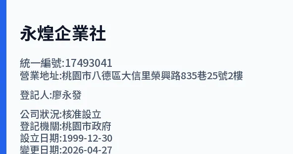 永煌企業社的照片-統編 17493041(桃園市) 公司登記資料與營業項目詳細圖表