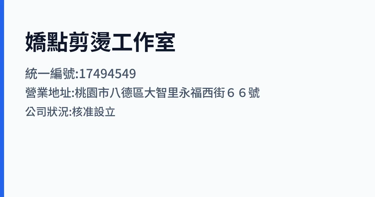 嬌點剪燙工作室 - 統編 17494549(桃園市) 公司登記資料與營業項目詳細圖表